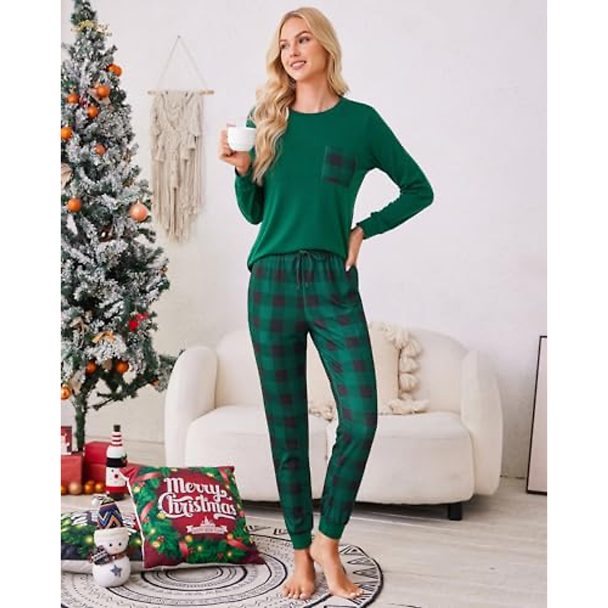 difficort Christmas Pajamas for Women Long Sleeve Shirt and Pajama Pants Soft Lounge Sets with Pockets, Dark Green, Medium