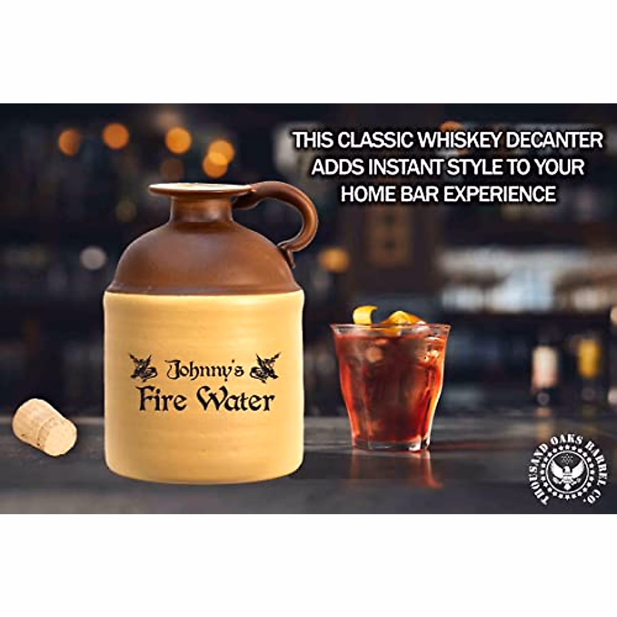 Thousand Oaks Barrel Co. Personalized Glass Moonshine Jug 750ml (0.2 gallon) - Traditional Style Engraved Glass Liquor Decanter Bottle with Cork Stopper and Finger Ring, Ideal for XXX Moonshiner (MJ1)