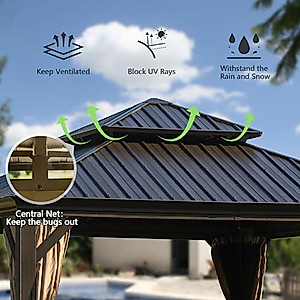 Domi Outdoor Living 12’ X 12’ Hardtop Gazebo, Outdoor Aluminum Frame Canopy with Galvanized Steel Double Roof, Outdoor Permanent Metal Pavilion with Curtains and Netting for Patio, Backyard and Lawn