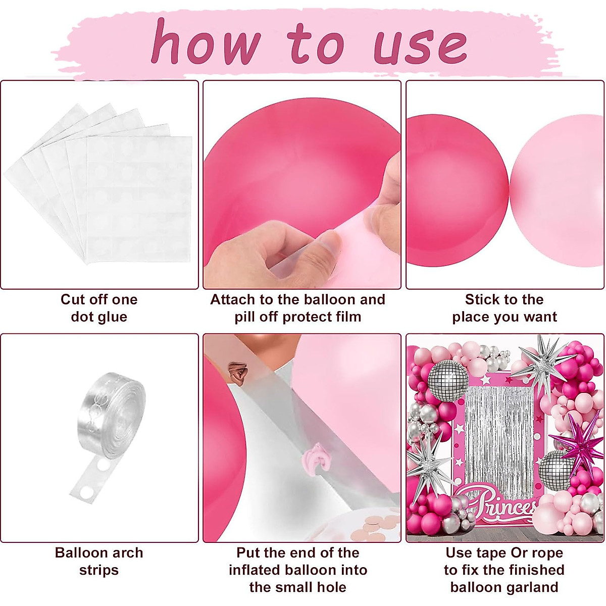 Hot Pink Silver Balloon Arch Kit, Silver Disco Ball Foil Curtains and Explosion Star Foil Balloon for Girl's 15/16/30th Birthday Princess 2024 Graduation Decorations