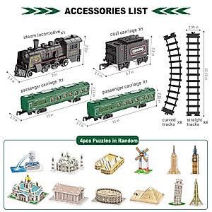 Electric Train Sets for Boys Girls Metal Alloy Christmas Trains Toys Steam Locomotive, Passenger Carriages, Tracks, Light & Sounds Rechargeable Birthday Gifts for Kids 3 4 5 6 7 8 + Years Old Green