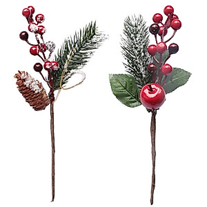 14PCS Artificial Berry Picks, Christmas Pine Picks with Red & White Berries Pine Cones for Christmas Decorations DIY Crafts Gift Wrapping Flower Arrangements Wreaths Holiday Floral Snowy Picks (14)