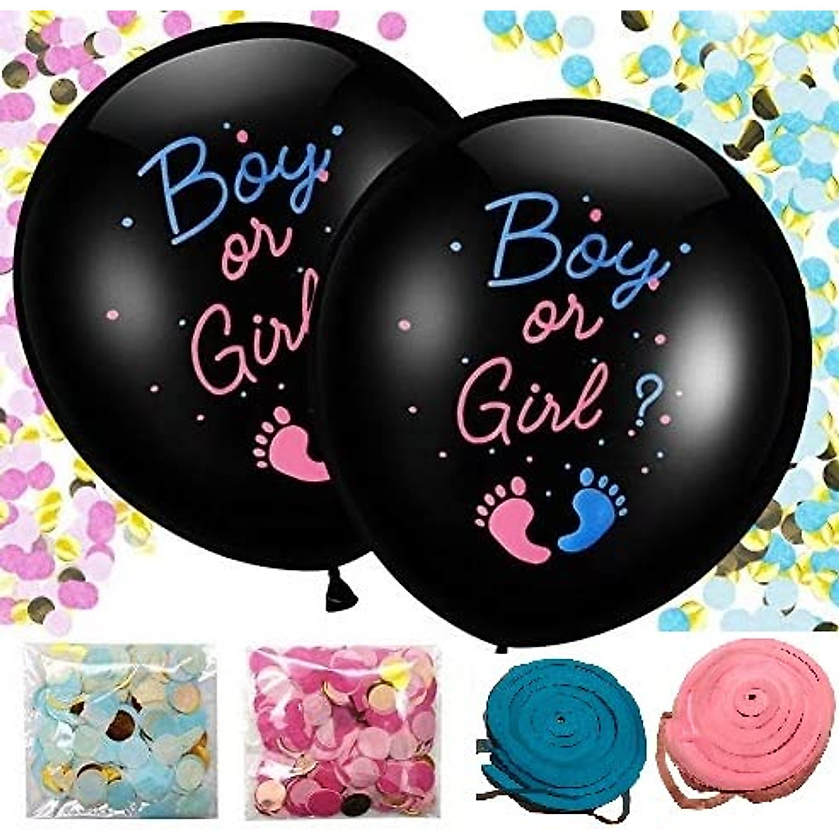 XL Gender Reveal Party Balloon Pop - Blue & Pink Confetti Gender Reveal Kit - Black Balloon Gender Reveal with Tassels - Boy or Girl Baby Gender Reveal Balloon Kit by Jolly Jon