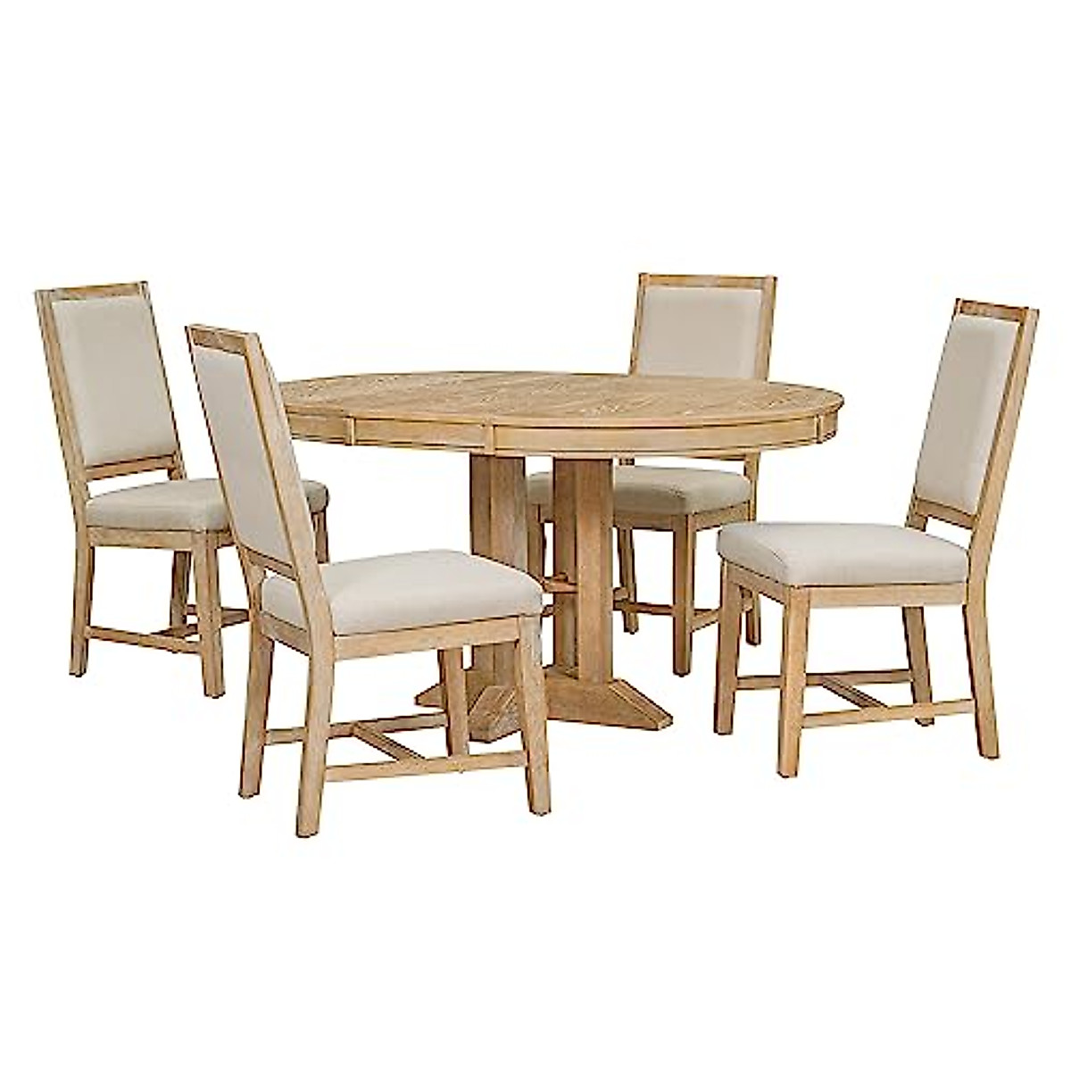 Dinehome 5-Piece Round Extendable Table Set for 4 with Four Upholstered Chairs, for Dining Room, Natural Wood Wash