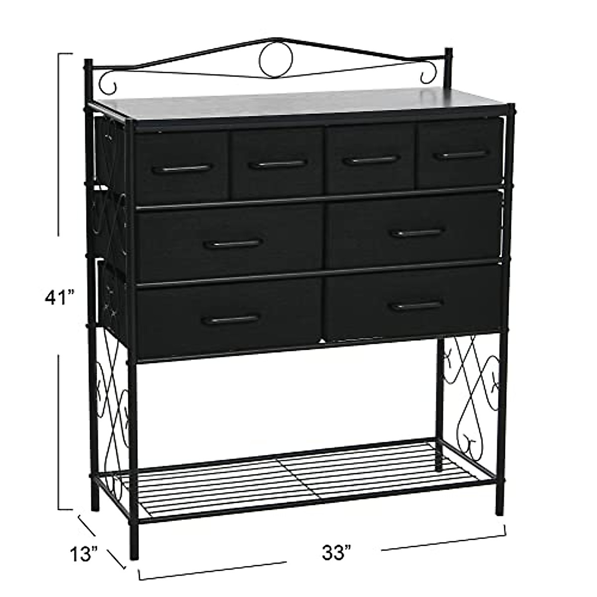 Household Essentials Victoria Dresser Table Storage Organizer with 8 Drawers and Shoe Shelf Black Metal Frame and Black Oak Wood Grain Top