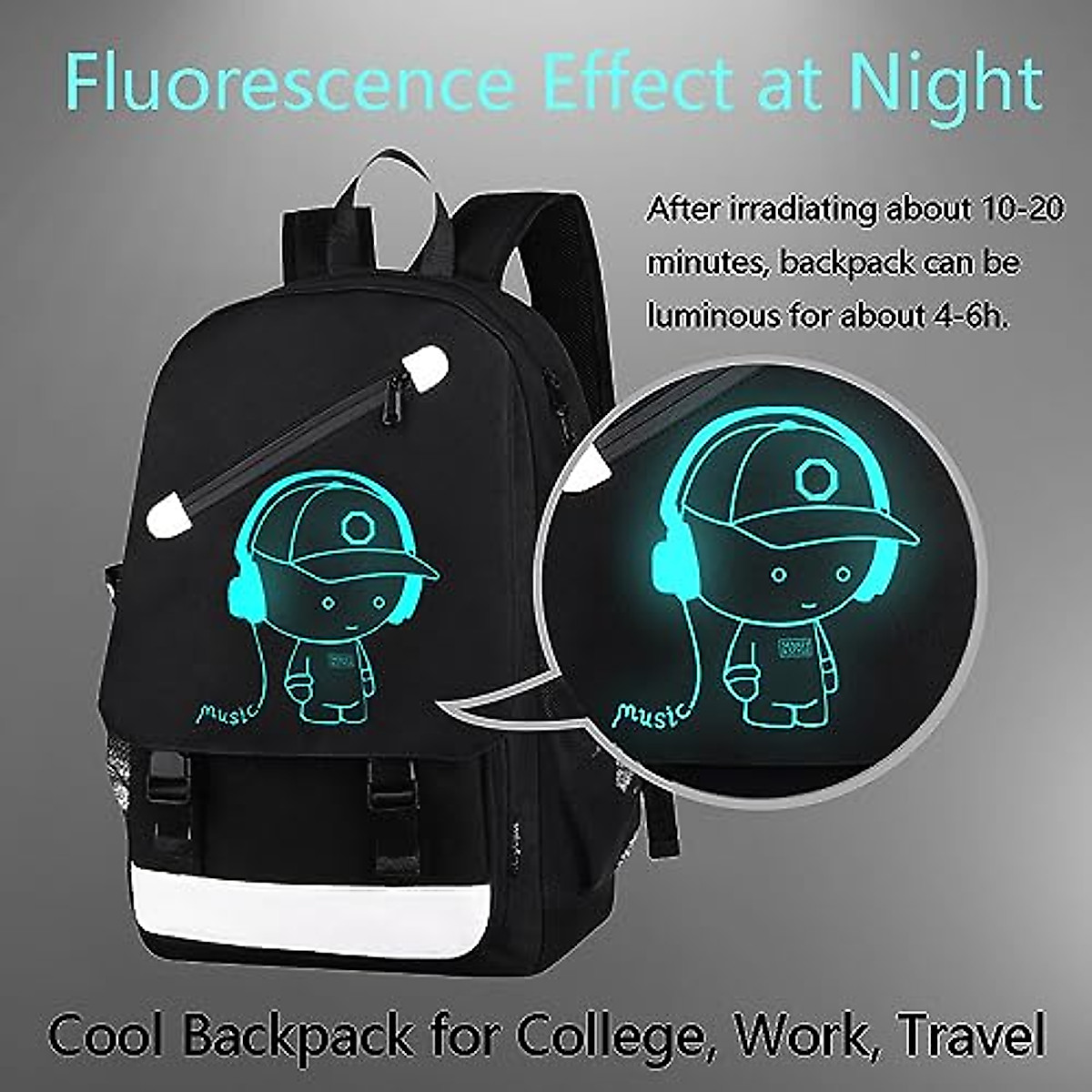 FLYMEI Anime Luminous Backpack for Boys, 15.6'' Laptop Backpack with USB Charging Port, Bookbag for School with Anti-Theft Lock, Black Teens Backpack Cool Backpack for Boys