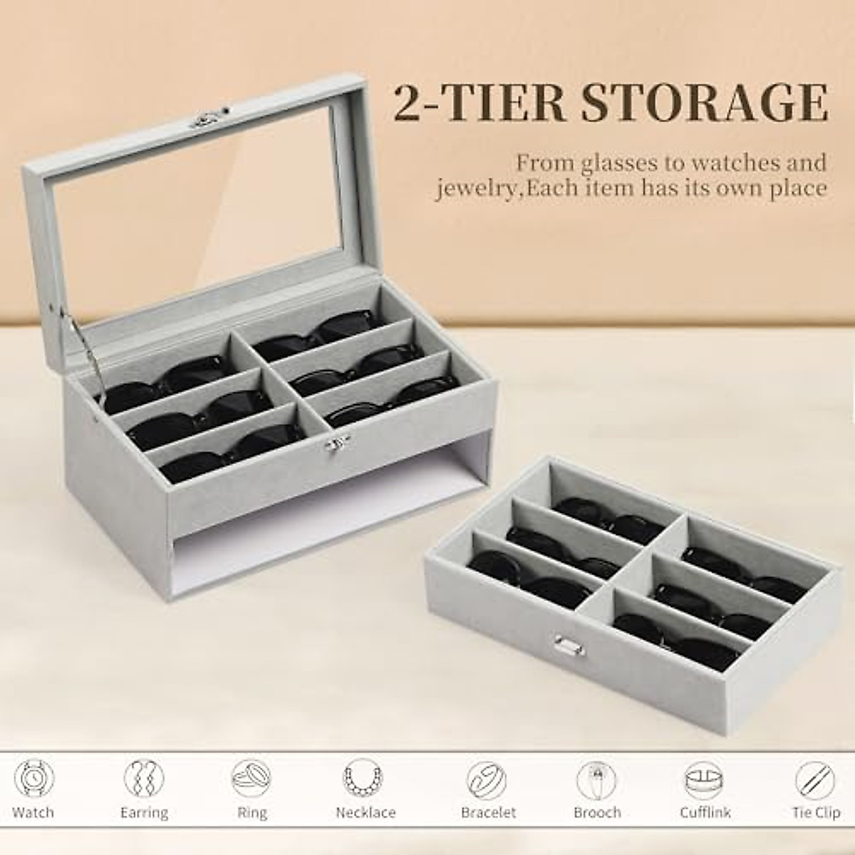 AUTOARK Ice Velvet Clear Lid 12 Piece Eyeglasses Storage and Sunglass Glasses Display Drawer Lockable Case Organizer,AW-163