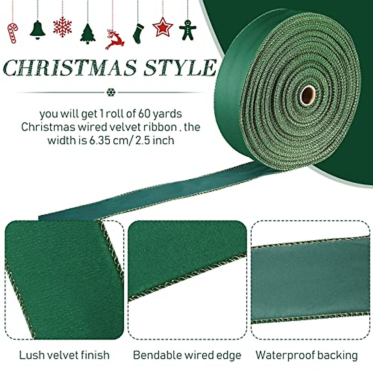 Syhood Christmas Wired Velvet Ribbon with Gold Edge Waterproof Velvet Decoration Ribbon Wrapping for Xmas Wreath Bows Floral Craft Ornaments(2.5 Inch X 60 Yard,Green)