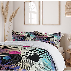 Ambesonne Old Newspaper Duvet Cover Set, Retro Blues Music Genre Old Record Electric Guitars Kiss Inscriptions Grunge, Decorative 3 Piece Bedding Set with 2 Pillow Shams, Queen Size, Dark Lavender
