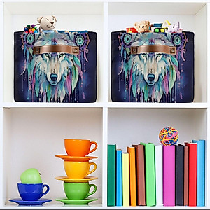 KJIZMO Wolf and Dream Catcher Foldable Storage Basket for Shelves, Collapsible Sturdy Storage Bin with Handles, Canvas Storage Cube for Organizing Closet 1PC