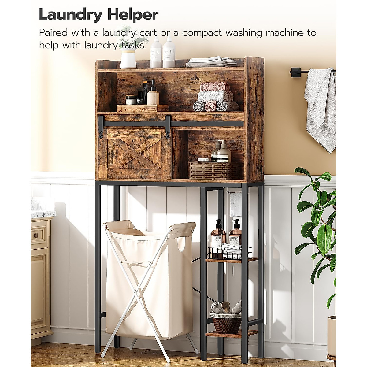 HOOBRO Over The Toilet Storage Cabinet, Bathroom Organizer Stand with Toilet Paper Holder, Space-Saving Toilet Storage Rack, Sliding Barn Door, Rustic Brown and Black BF82TS01