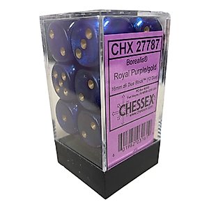 Chessex Borealis 16mm d6 Royal Purple/Gold Luminary Dice Block (12 dice) (27787)