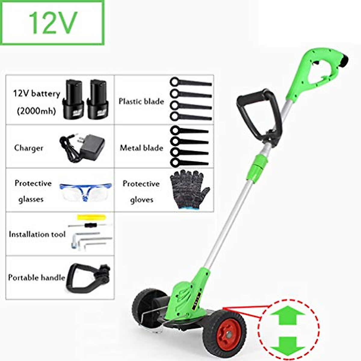 Electric Grass Trimmer , Cordless Lawn Mower with Wheel , 23cm Cutting Width（2 Lithium-Ion Battery & Quick Charger） Green
