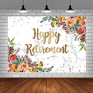 AIBIIN 7x5ft Happy Retirement Backdrop for Women Gold Glitter Floral Party Decorations Grain of Marble Official Retirement Party Banner Photo Studio Props
