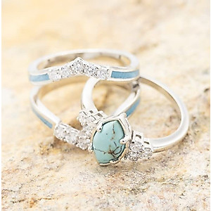 3 PCS Ring Set Natural Turquoise Diamond Rings Turquoise Silver Color Rings for Women Statement Boho Finger RingsTurquoise Jewelry Sparkling Natural Gemstone-7