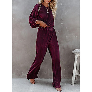 Dokotoo Womens Two Piece Outfits Casual Crew Neck Long Sleeve Tops 2 Piece Fall Outfits for Women Solid Wide Leg Pants Set 2024 Trendy Wedding Guest Sweatsuit Palazzo Pants Tracksuit L Red