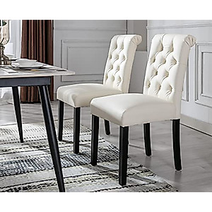 Kmax Leather Dining Chairs Button Tufted Diner Chairs Classic Upholstered Chairs with Wood Legs for Kitchen Dining Room Restaurant Set of 2, Cream