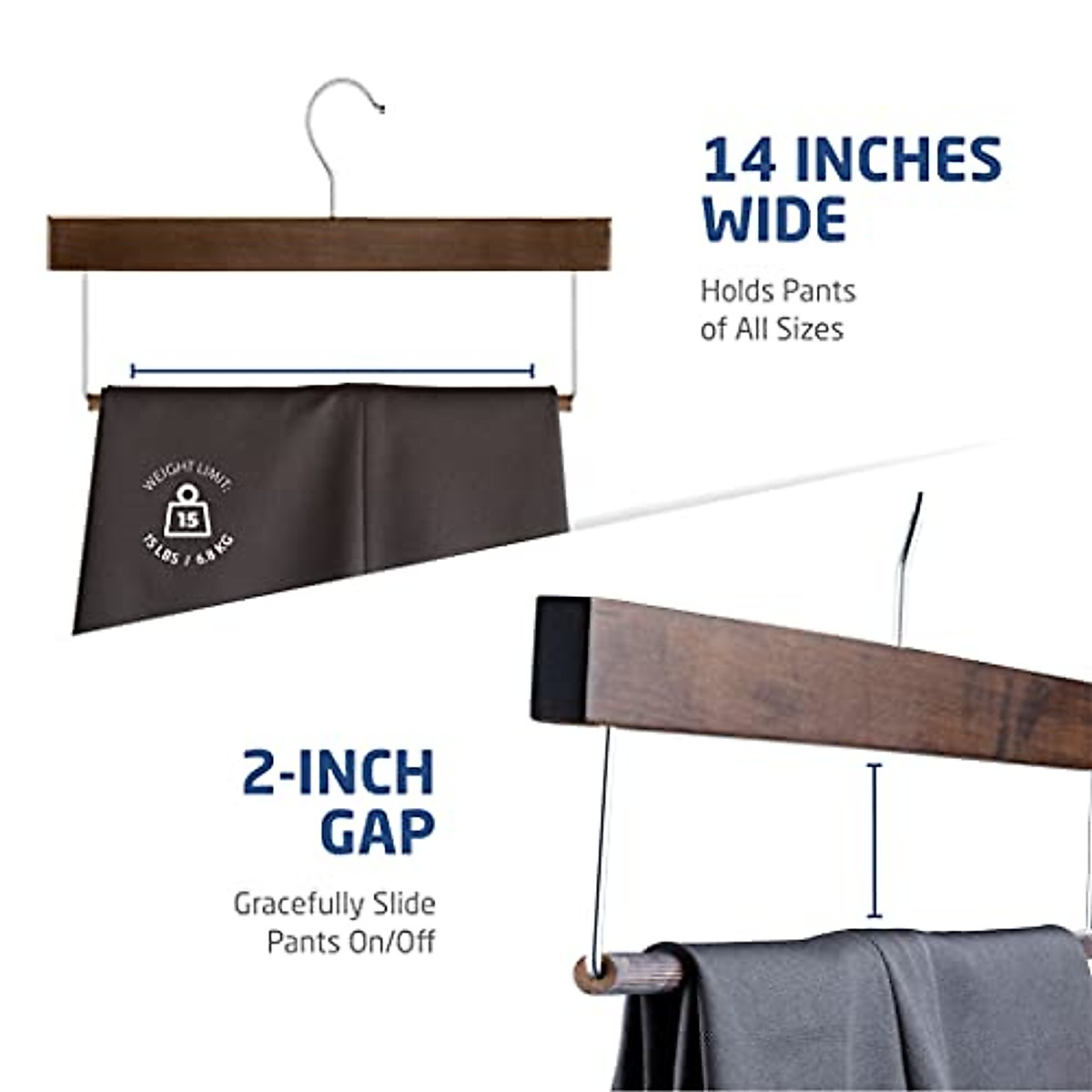 High-Grade Wooden Slack/Trouser Pants Hangers with Non Slip Bar Smooth Finish, Durable Wooden Hangers - Slim & Sleek Space Saving Closet Hangers, 360° Hook- Ideal for Pant (Vintage, 10)