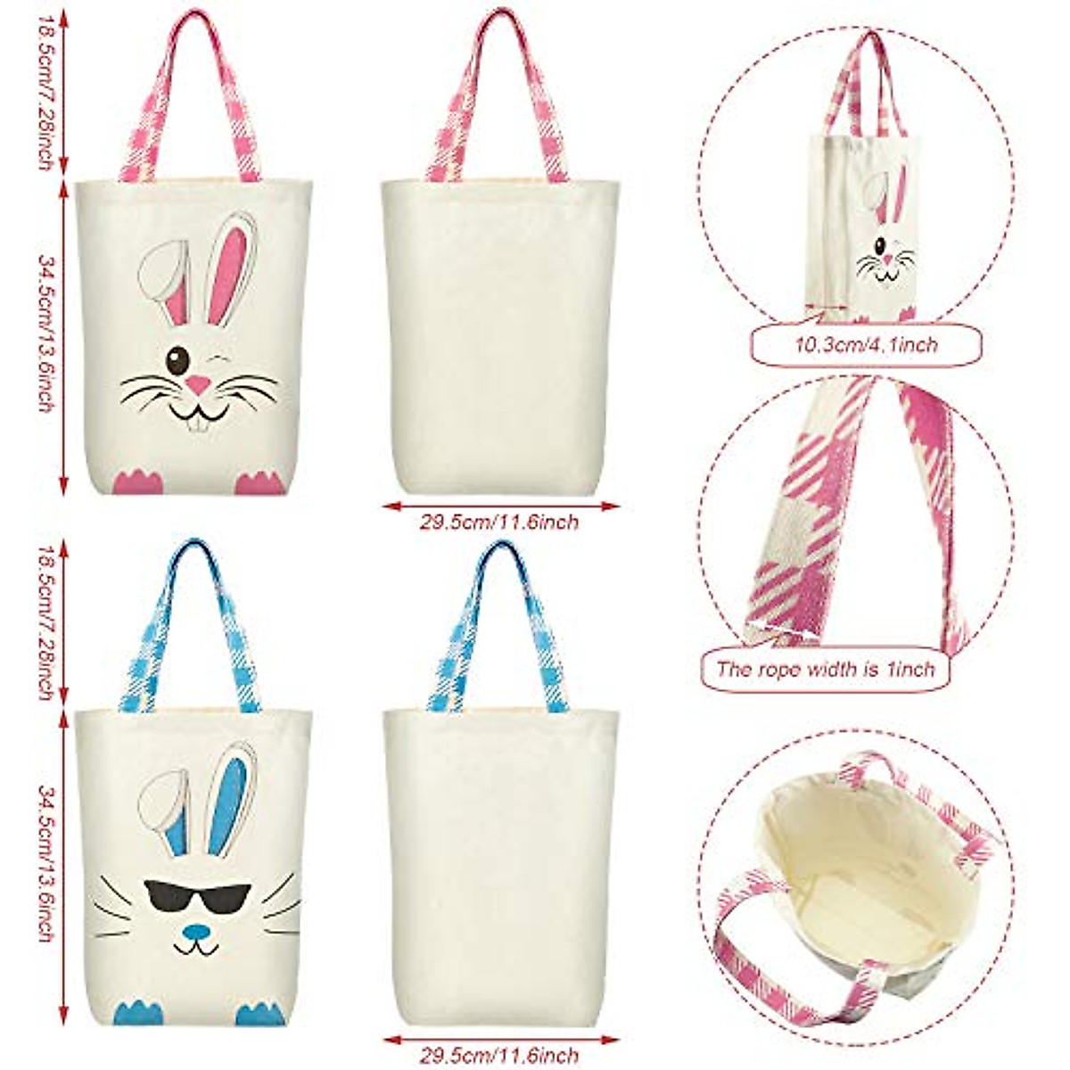 Weewooday 2 Pieces Easter Bunny Bags Large Easter Canvas Tote Bags Bunny Ears Basket Bags Spring Egg Hunts Bags for Easter Kids Eggs Candy Hunting Carrying Daily Usage (Blue, Pink)