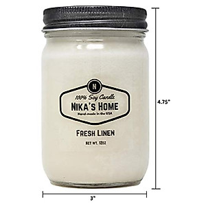 Nika's Home Fresh Linen Soy Candle 12oz Mason Jar Non-Toxic Natural White Soy Handmade, Long Burning 50-60 Hours Highly Scented All Natural, Clean Burning Candle Gift Décor