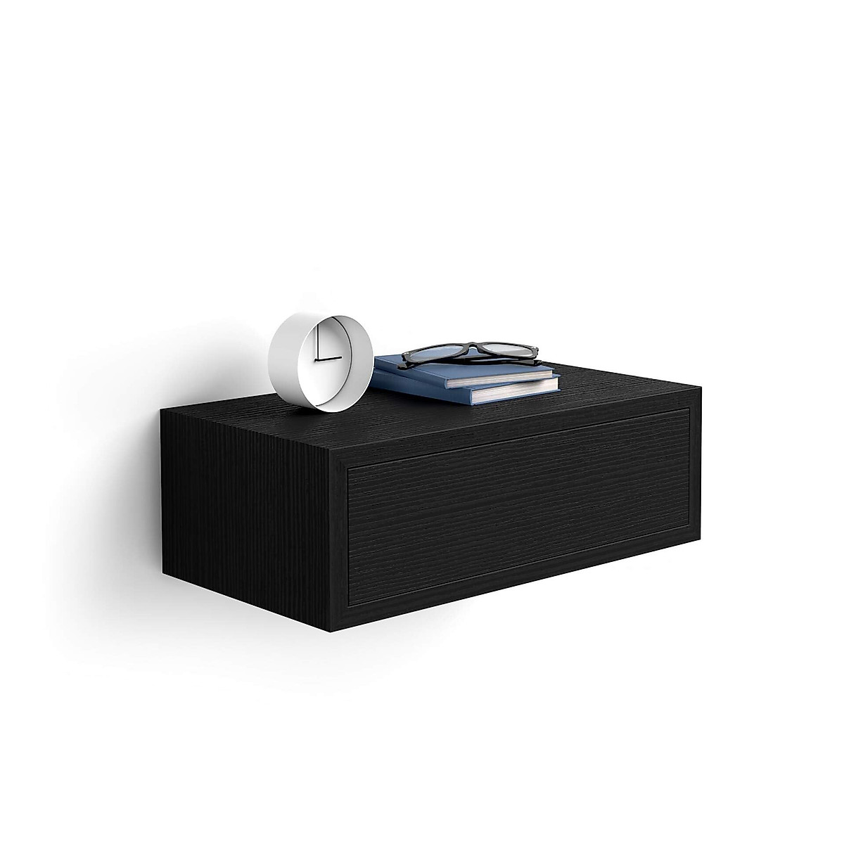 Mobili Fiver, Riccardo Floating nightstand, Ashwood Black, 17.7" x 9.8" x 6.1 ", Laminate-Finished, Modern Bedside Table, End Table, Italian Furniture