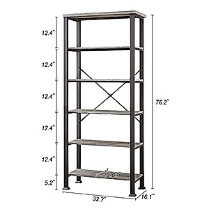 HOMBAZAAR Bookshelf, 6-Tier Vintage Industrial Book Shelf, Rustic Wood and Metal Bookcase and Bookshelves, Free Standing Storage Large Bookshelf for Living Room, Bedroom and Kitchen, Grey Oak