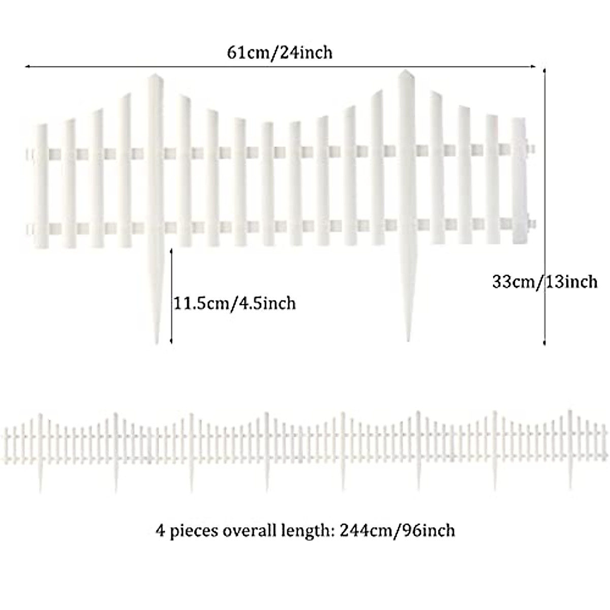 Sungmor Plastic White Edging Garden Picket Fence - Grass Lawn Flowerbed Plant Borders - Decorative Landscape Path Panels - 13in Tall, Pack of 4 (Overall Length 8 ft) - Lightweight & Easy Installation