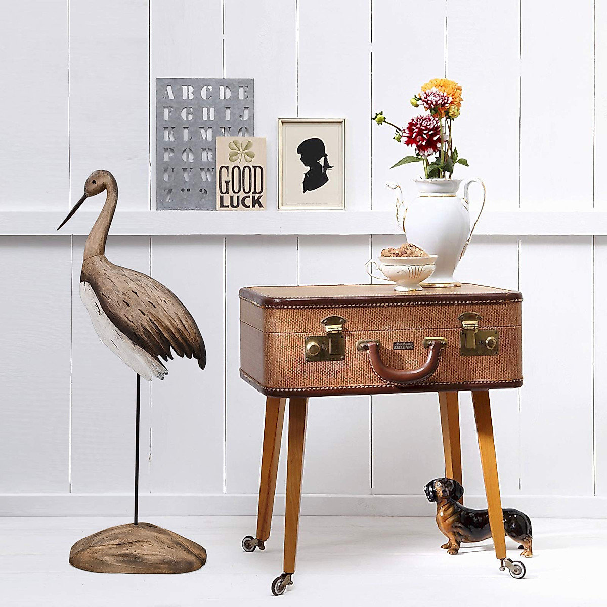 K KILIPES Rustic Heron Statue Bird Sculpture Wood Crane Figurines Home Decor Decorative Animal Crane Statue Garden Decor