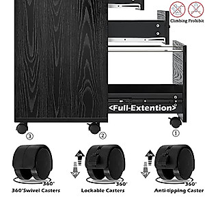 Wood File Cabinet, 3 Drawer Mobile Lateral Filing Cabinet On Wheels, Printer Stand with Open Storage Shelves for Home Office (Black 2)