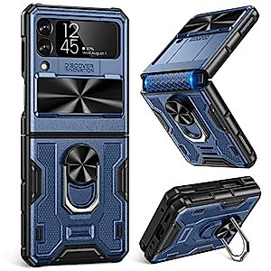 Caka for Samsung Galaxy Z Flip 3 Case, Z Flip 3 Case with Kickstand, Camera Cover & Hinge Protection with Built-in 360°Rotate Ring Stand Magnetic Protective Phone Case for Galaxy Z Flip 3 -Blue