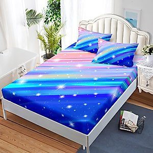 Rainbow Blue Bedding Sheets & Pillowcases Soft Microfiber Fantasy Fitted Sheet Deep Pockets Fitted Sheet Room Decor Colorful Stripe Glitter Twin Size with 2 Pillowcases For Kids Boys and Girls,Blue