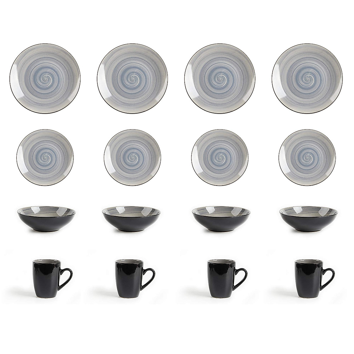 HomeVss, Stoneware Sonoma 16pc Dinnerware Set, Black + Speckled Spin Wash Grey