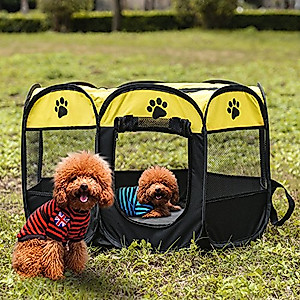 Pop Up Tent Pet Playpen Carrier Dog Cat Puppies Portable Foldable Durable Paw Kennel Yellow S