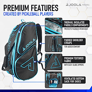 JOOLA Tour Elite Pickleball Bag – Backpack & Duffle Bag for Paddles & Pickleball Accessories – Thermal Insulated Pockets Hold 4+ Paddles - Includes Fence Hook Black/Light Blue