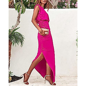 BTFBM Semi Formal Dresses for Women Sleeveless Sundress Asymmetrical Slit Ruched Bodycon Long Wedding Guest Dresss(Solid Rose Red, Medium)