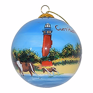 Blown Glass Christmas Ornament | Horses at Currituck Lighthouse | Hand Painted Inside | Original Art | Includes Gift Box