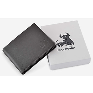 BULLGUARD Mens RFID Blocking Wallet Bifold with Flip Up ID in Saffiano Grey Genuine Leather