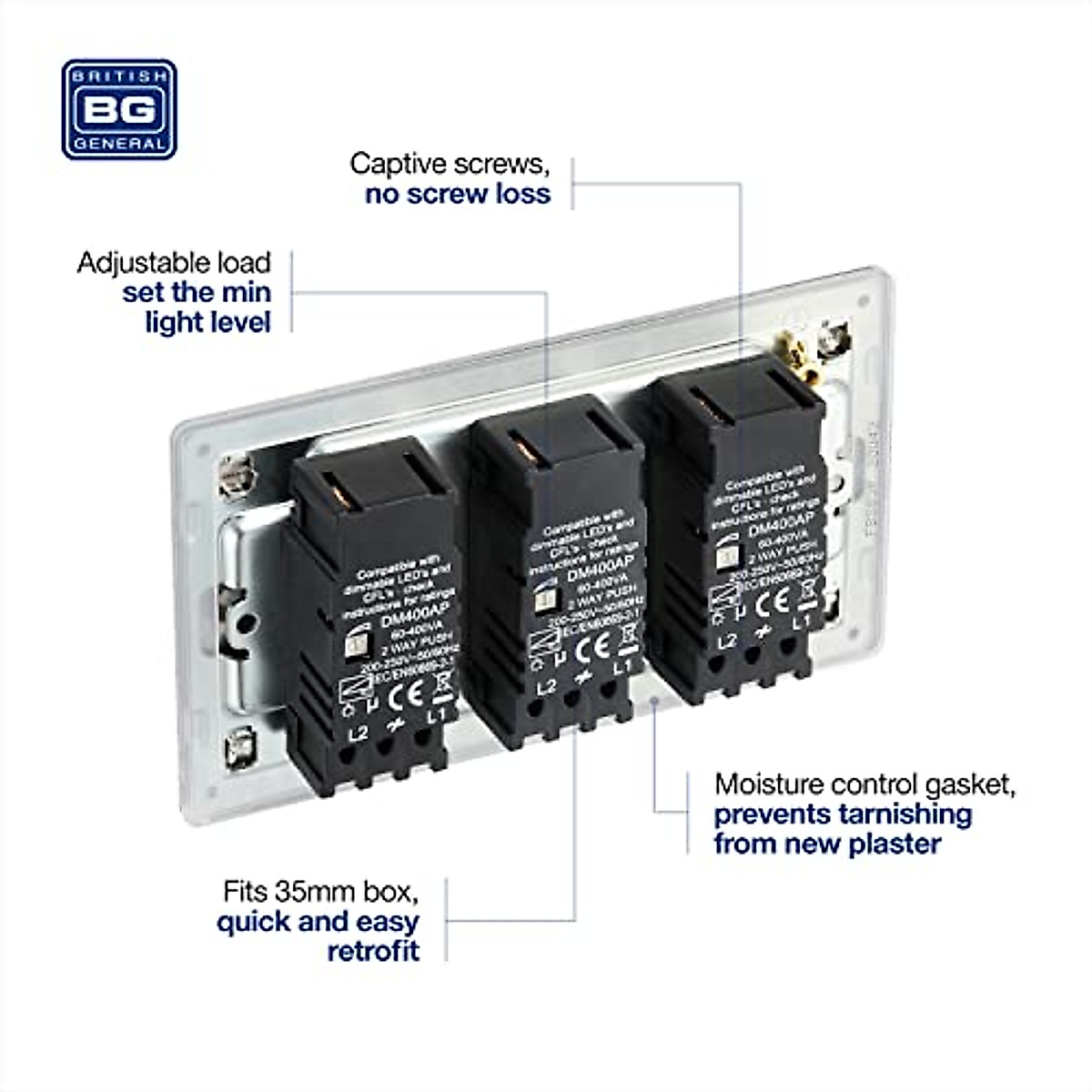 BG Electrical FBS83P-01 Screwless Flat Plate 400W 3 Gang 2 Way Push Dimmer Switch, Brushed Steel, 400 W
