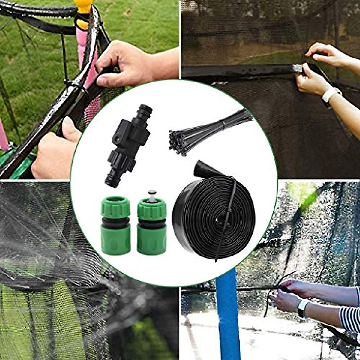 Juesi Misting Cooling System- Outdoor Patio Trampoline Sprinkler Hose Kit for Kids, Waterpark Watering Automatic Distribution System Attachment for Summer Water Fun Yard Garden (32.8FT)