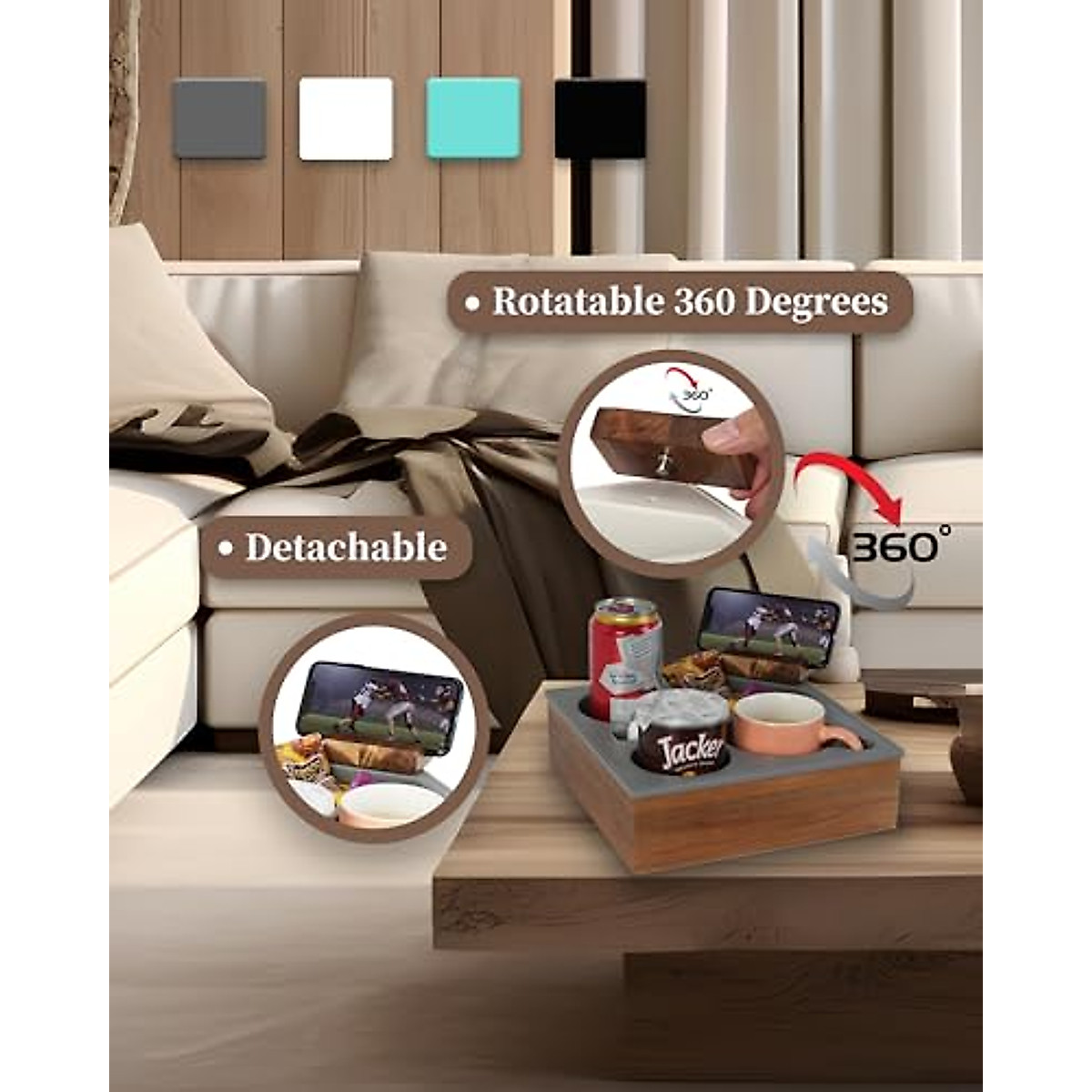 Couch Cup Holder Tray, Hitseon Handy Soft Silicone Acacia Wooden Couch Caddy for Bed Car Seat Beach Organizer, Waterproof Anti-Spill Sofa Cup Holder for Snacks Beverage Remote (White)