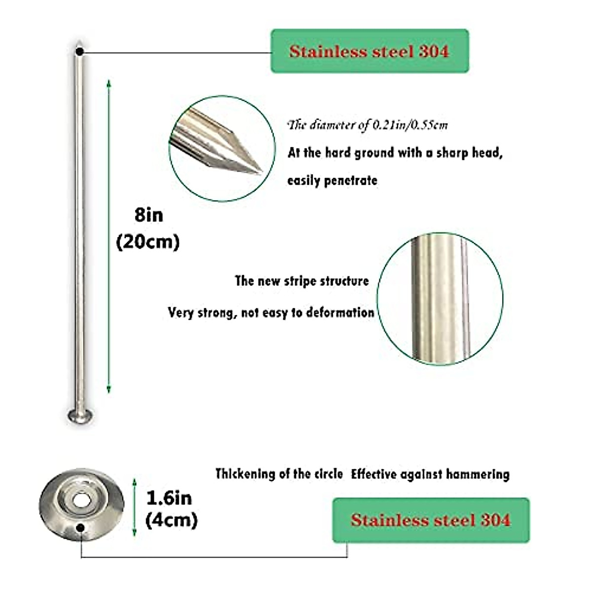 FOMMEN Stainless Steel 304 Patio Rug Stakes 8" RV Rug Stakes, Used for Rugs, Tents, Tarps, RV Mats,No More Moving - Pack of 6