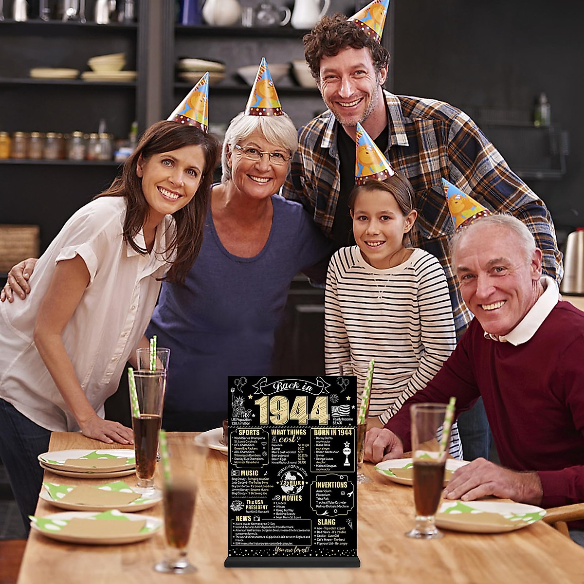 Eiurteao Black Gold 80th Birthday Decorations Back in 1944 Table Sign for Women Men, Two-sided 80 Birthday Wooden Poster with Stand Party Supplies, Eighty Year Old Bday Display Holder Table Decor