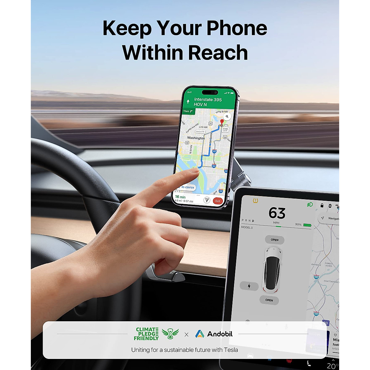 andobil Tesla Phone Mount for Model 3 Model Y [Powerful Magnet, No Residue Adhesive] Stable Tesla Magsafe Phone Holder, Tesla Model 3 Accessories, Tesla Model Y Accessories 2024, Fits for iPhone & All