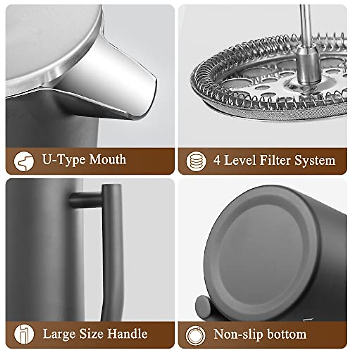 Veken 【Look for a New French Press French Press Coffee Tea Maker 34oz, 304 Stainless Steel Insulated Coffee Press with 4 Filter Screens Milk Frother, Rust-Free, Dishwasher Safe, Grey