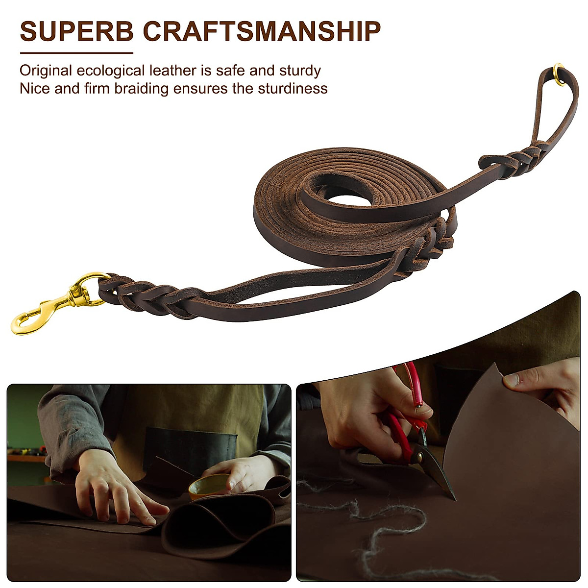 Wellbro 15ft Long Leather Dog Leash,Double Handle Dog Leash,Tieout for Yard, Camping, and Outdoors - Dog Run Cable for Total Control and Off-Leash Feel, Great for Large, Medium, Service Dogs