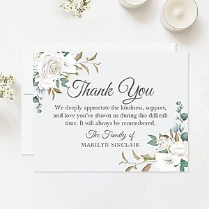 Hello Love Goods White Floral Sympathy Thank You Cards, Funeral Thank You Cards, Personalized Bereavement Notes with Envelopes, 5.5x4.25 Flat Notecards