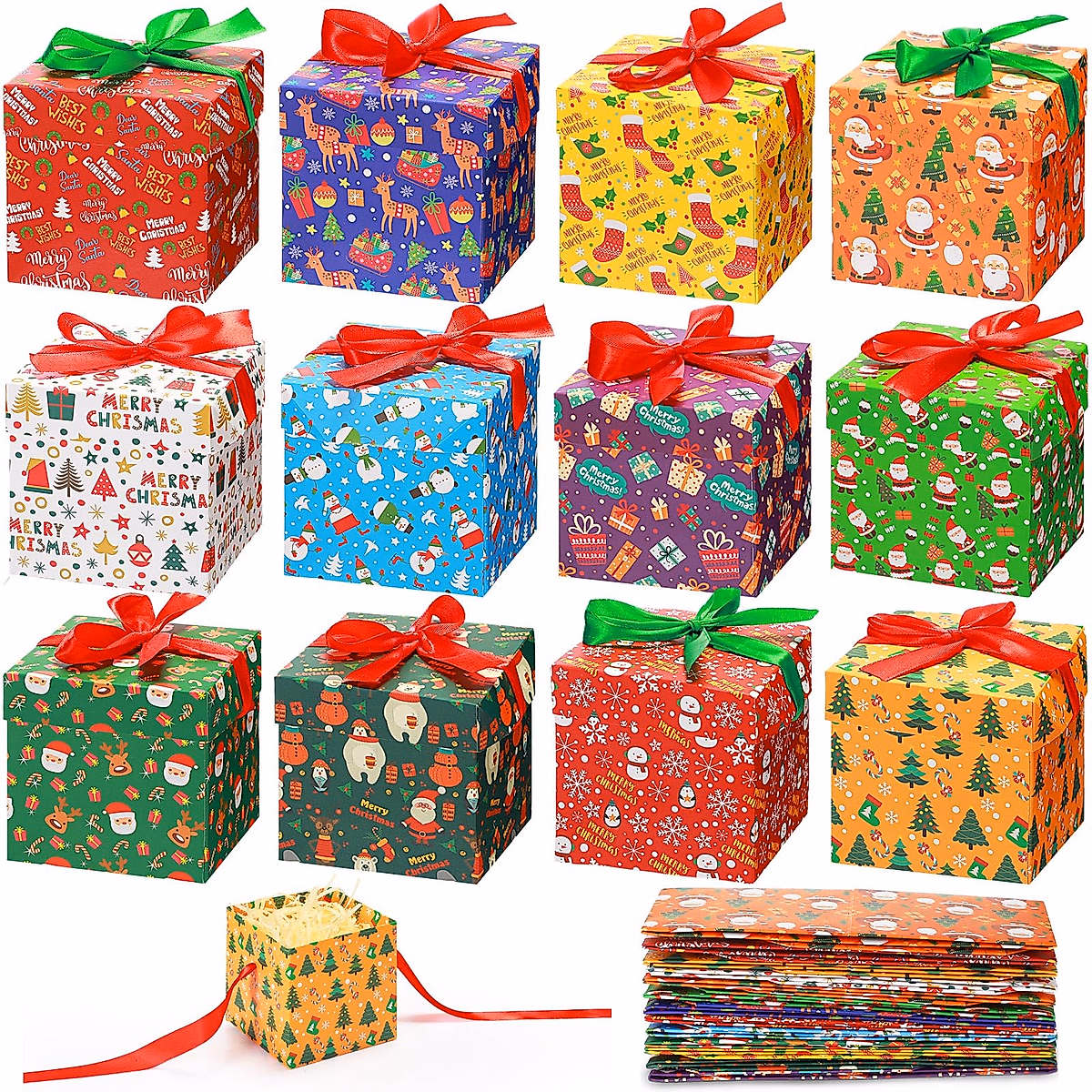 Cholemy 36 Pieces Christmas Gift Boxes with Lids Small Squared Boxes with Ribbon Xmas 4x4x4 Boxes Holiday Bow Box Gift Wrap Boxes for Christmas Party Favor Present Packaging, 12 Designs