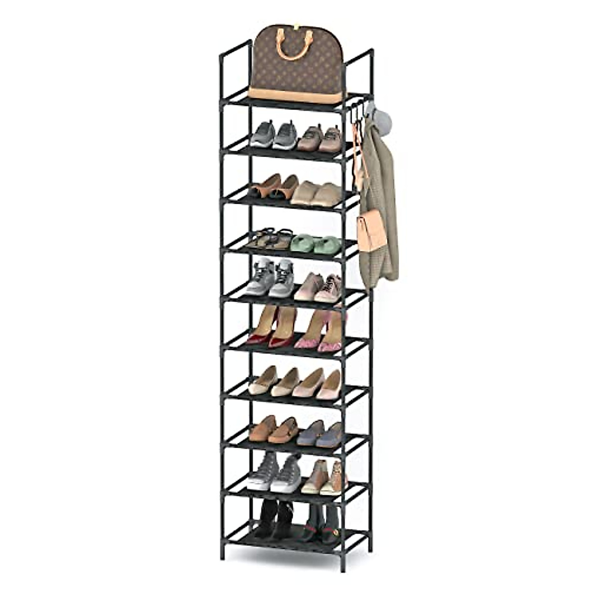 Wodeer Shoe Rack,10 Tiers Tall Free Standing Shoe Racks,Narrow Shoe Storage 20-24 Pairs Shoes, Space-Saving Shoe Shelf Organizer for Closet,Entryway,Metal Frame&Non-Woven Shelves,Black.