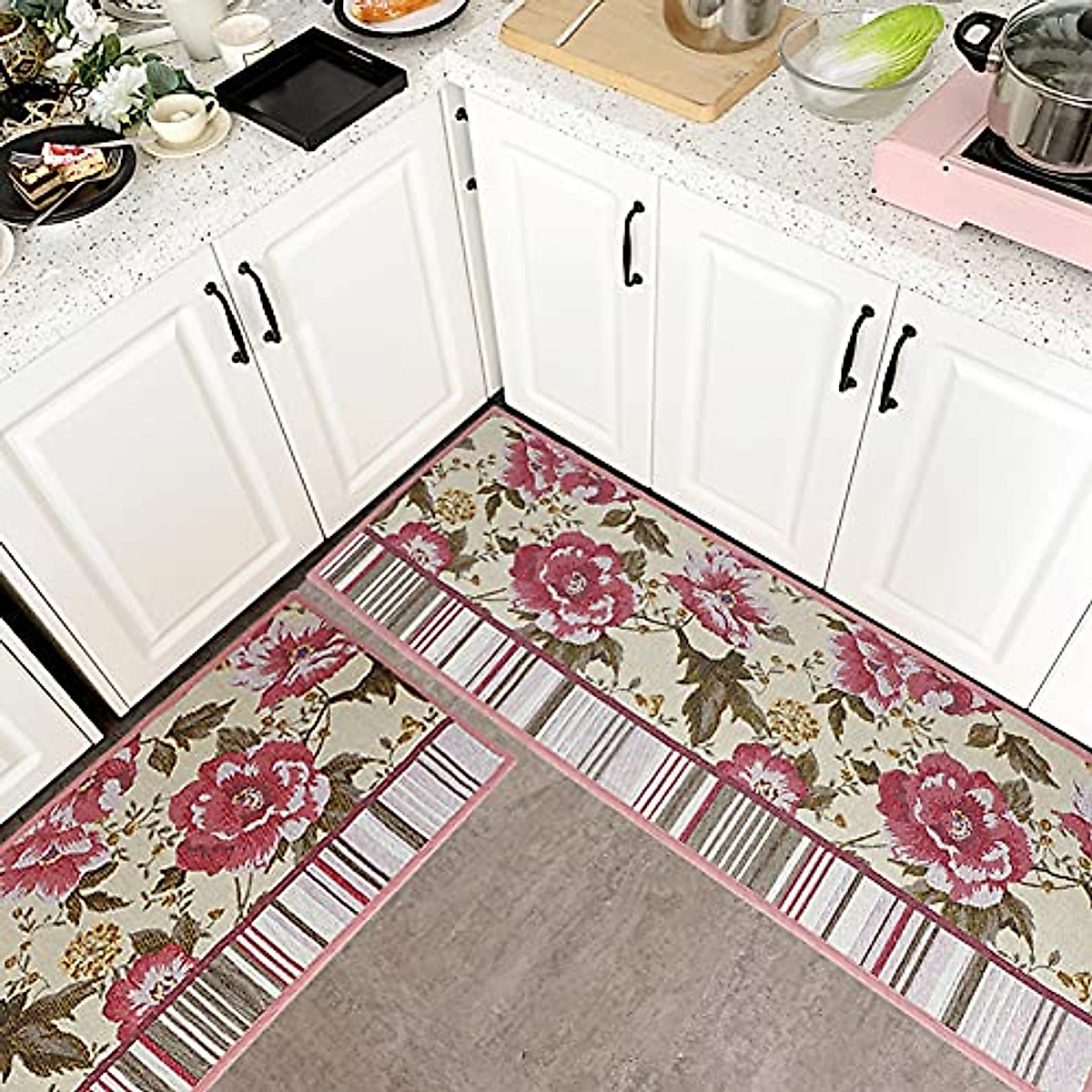 yazi Fabric Kitchen Mat Area Rug Red Striped Flower Non-Slip Rubber Backing Floomat,47x18 Inches