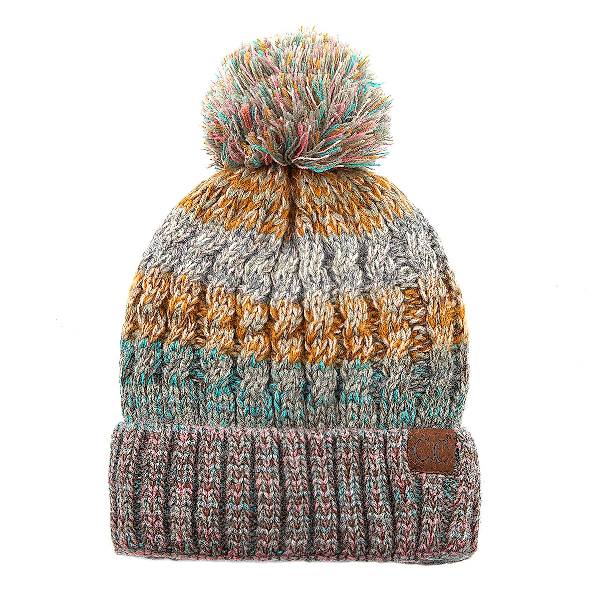 C.C Hatsandscarf Women's Winter Slouchy Knitted Hat Cable Knit Pom Beanie Hat (Rose/Mint)